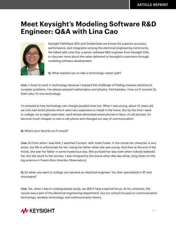 Meet Keysight’s Modeling Software R&D Engineer: Q&A with Lina Cao PDF Asset Page | Keysight